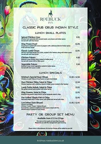 Our Menus | Krishna's Roebuck Inn | Indian Gastro Pub | Divine Dining ...